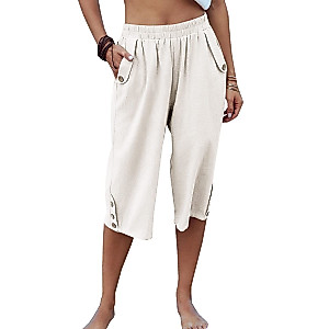Veatzaer Mid Pants Womens Comfy Yoga Pajama Crop Pants CoolSoft Linen Cotton PantswithPockets(Beige,XL)