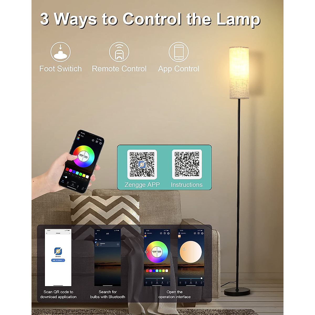 Lightess RGBWW Smart LED Floor Lamp for Living Room, Dimmable Floor Lamp Modern 67" Tall Standing Lamp for Bedroom, Remote & WiFi APP Control, 2700K-6500K Minimalist Floor Lamp RGB Bulb Included