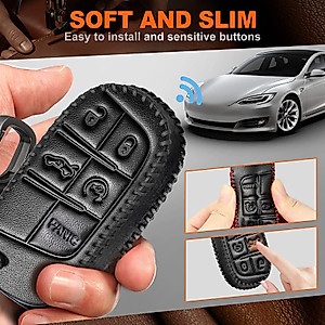 Slohif Leather Key Fob Cover Accessories for Jeep for Grand Cherokee Renegade Chrysler 200 300 Dodge RAM Durango Challenger Journey Dart Fiat 5 Buttons, Leather Case+D-Ring+Hook(Black)