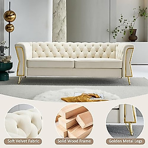 Tmsan 87.4" Velvet Sofa Couch, Mid-Century Modern Chesterfield Loveseat Classic Button Tufted 2 Seater Couch with Golden Legs for Living Room Office Bedroom (Beige)