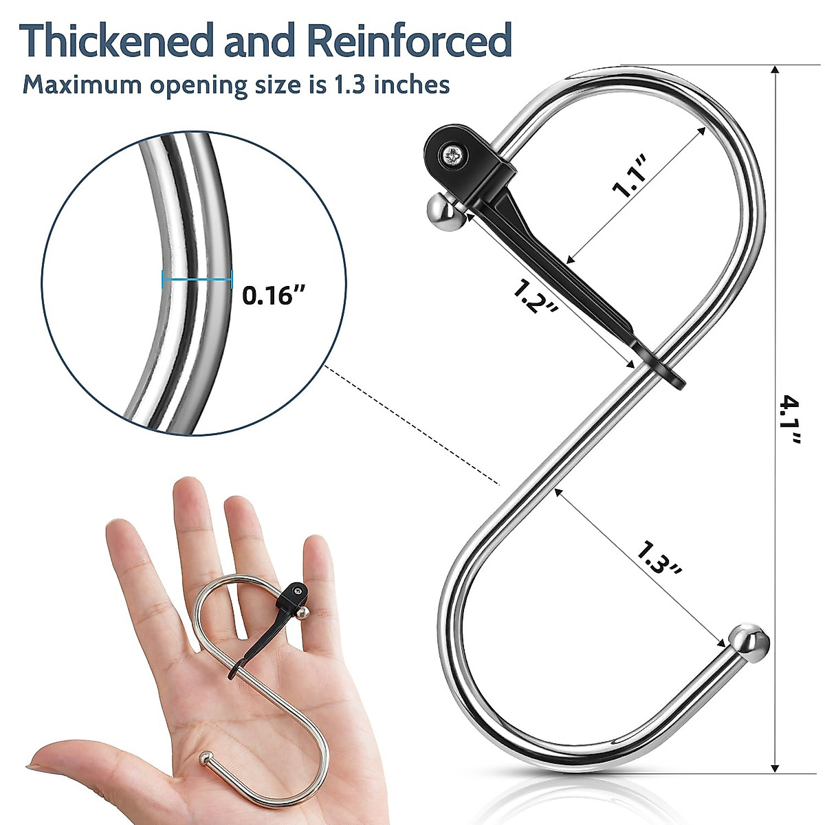 S Hooks, 8pcs 4.1 Inch Heavy Duty S Hooks for Hanging with Safety Buckle, Large S Hooks for Closet, Kitchen, Bathroom