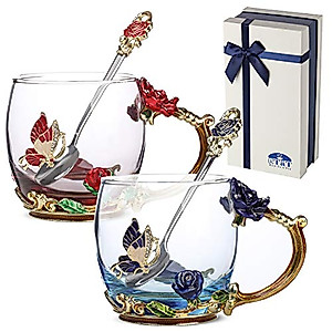 BTAT- Flower Tea Cup, Pack of 2, 11 Oz, Glass Tea Cup, Tea Glass, Flower Mug, Butterfly Tea Cup, Tea Cup Gift Sets for Women, Pretty Tea Cup, Unique Tea Cups, Mother's Day Gift