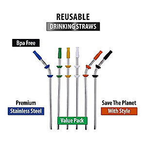Reusable Stainless Steel Straws -(10 Pack) with Silicone Tips, Cleaning Brushes and Storage Pouch - 10.5, 8.5 inch Reuse Straight and Curved Metal Drinking Straws