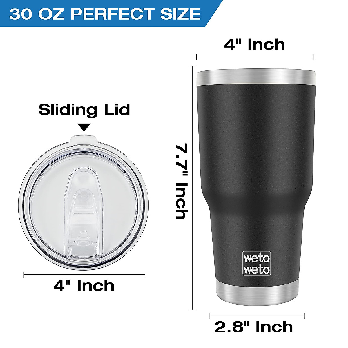 WETOWETO 30oz Tumbler, Stainless Steel Vacuum Insulated Water Coffee Tumbler Cup, Double Wall Powder Coated Spill-Proof Travel Mug Thermal Cup for Home Outdoor (Black, 1 Pack)