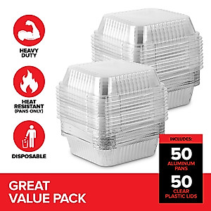 Stock Your Home (50 Pack 8x8 Disposable Baking Pans with Lids, Heavy Duty Square Aluminum Cake Pan with Lid, Foil Trays with Clear Plastic Cover, Food Take Out Container for Baked Goods