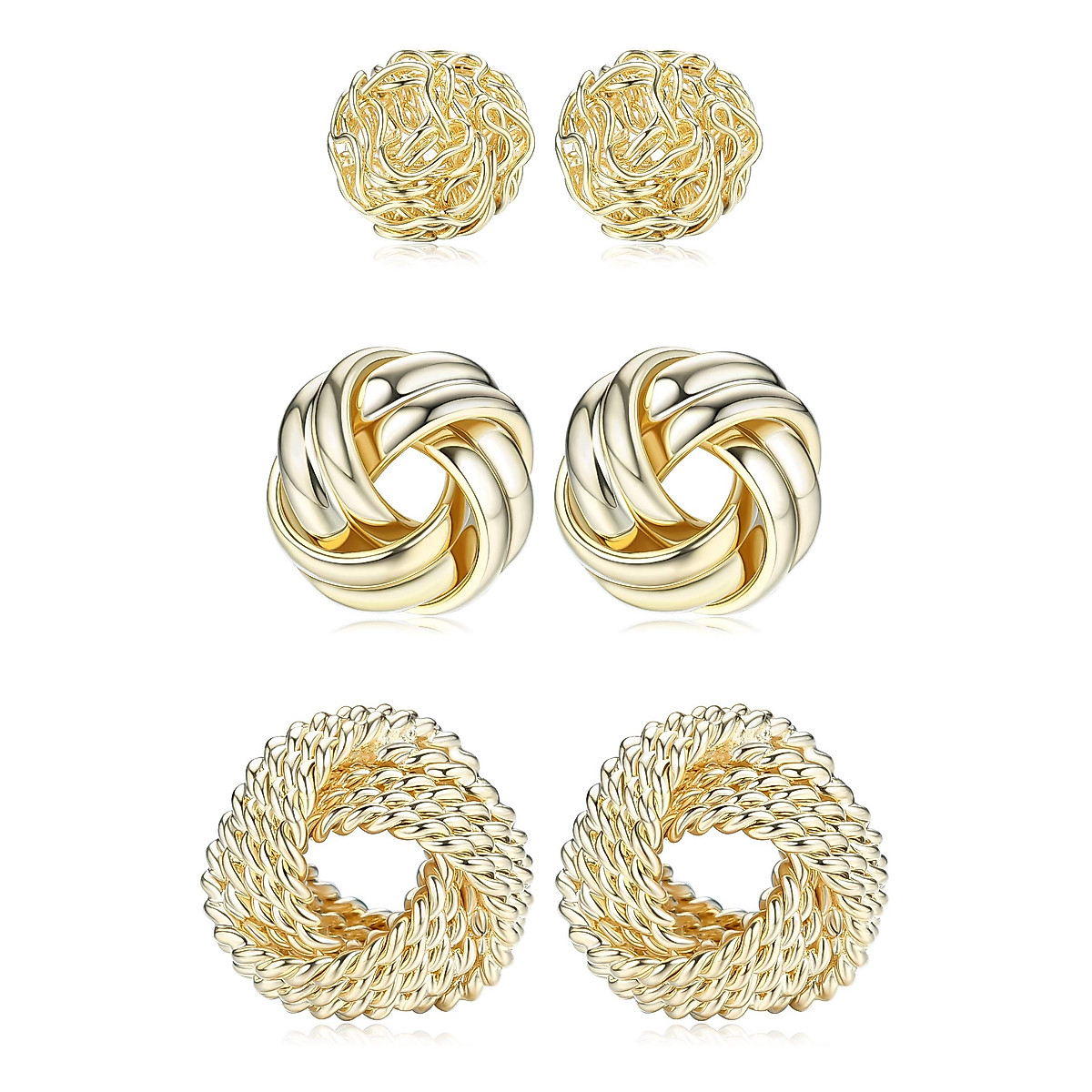 FIBO STEEL 3 Pairs Gold Knot Earrings For Women Men 14K Gold Plated Woven Ball Stud Earrings Simple Post earrings For Women Gold