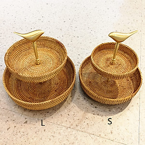 12 Inch Tiered Tray Stand with Gold Metal Handle, Two Tier Wicker Basket Tray with 4 Inch Side and Brass Bird Décor, Boho 2 Tier Rattan Serving Stand for Candy Dish, Fruit, Makeup, Brown, L, i-lan