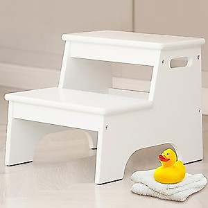 Wood Step Stool for Kids Bathroom, White Toddler Step Stool for Kitchen Counter Sink, Small Girl Boy Child 2 Step Stool for Toilet Potty Bed Nursery Bedroom, Non Slip Adult Stool for Closet