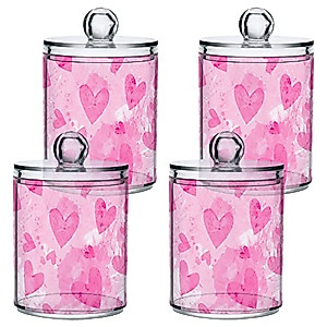 MNSRUU 2 Pack Qtip Holder Organizer Dispenser Pink Hearts Bathroom Storage Canister Cotton Ball Holder Bathroom Containers for Cotton Swabs/Pads/Floss