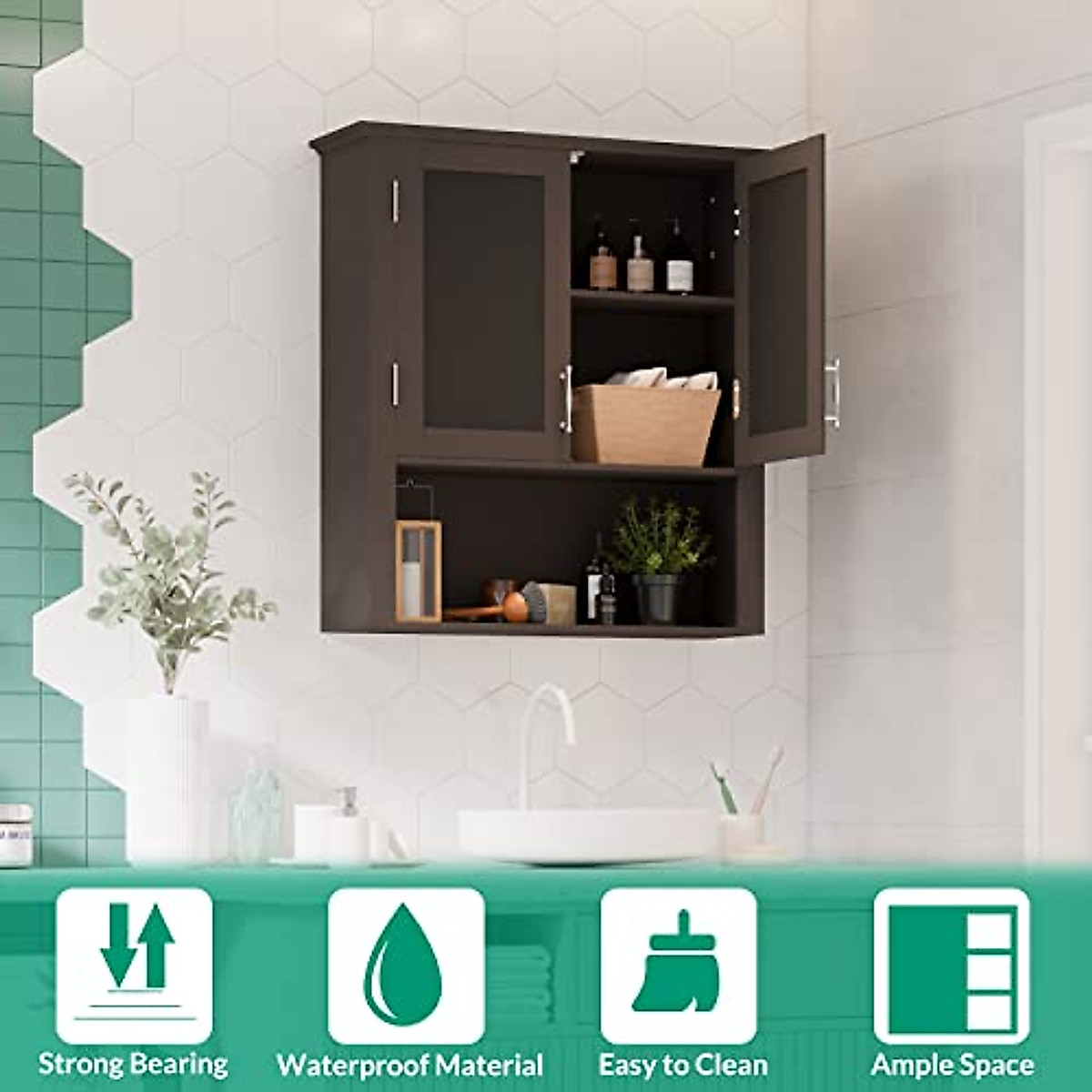 VIVIJASON Wall Mounted Bathroom Cabinet, Over The Toilet Space Saver Storage Cabinet, Medicine Wall Cabinet Storage Organizer, Cottage Collection Wall Cabinet with 2 Doors & Adjustable Shelf, Espresso