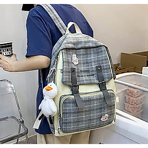 DAHUOJI 5Pcs Kawaii Backpack Set with Badge & Duck Pendant,Japanese Aesthetic Check Bookbag for Girls Cute Plaid School Bags Comes with Tote Bag,Shoulder Bag,Pencil Box,Small Bag(Black,16in)