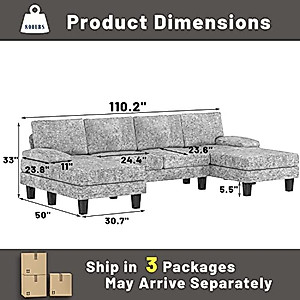 YESHOMY Convertible Sectional U-Shaped Couch with Soft Modern Cotton Chenille Fabric for Living Room, 6 Seats Oversized Sofas with Comfortable Backrest, Grey and White