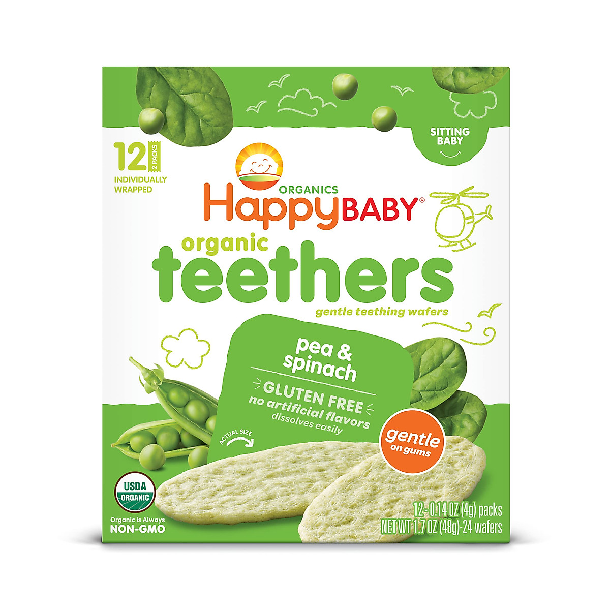 Happy Baby Organics Teether, Pea & Spinach, 12 Count (Pack of 6)