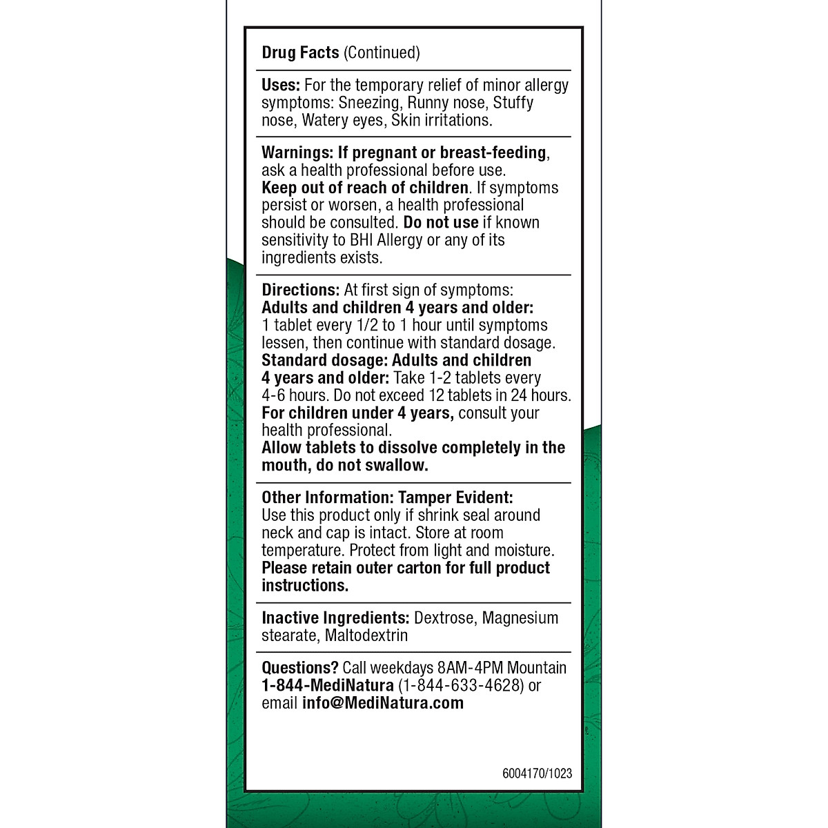 MediNatura BHI Allergy Relief Multi-Symptom Natural Safe Relief of Runny Nose Sneezing Itchy Eyes & Congestion 15 Targeted Homeopathic Active Ingredients Help Calm Discomfort - 100 Tablets