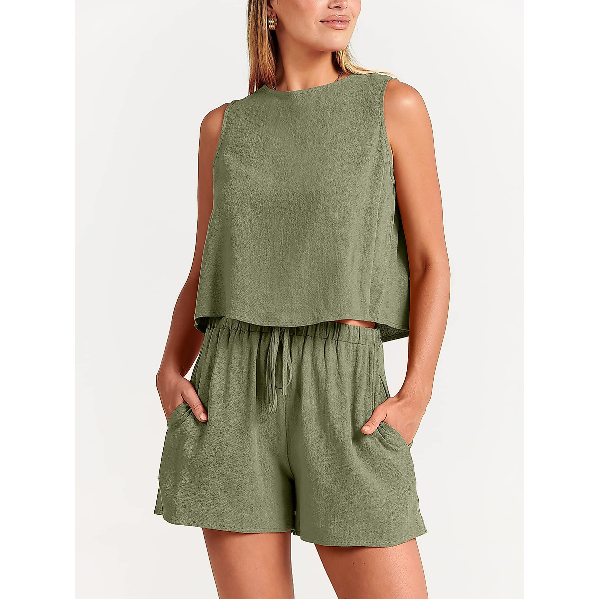 ANRABESS Women’s Summer 2 Piece Linen Shorts Sets Sleeveless Crop Top Romper Lounge Set 2024 Trendy Beach Outfits Olive Small