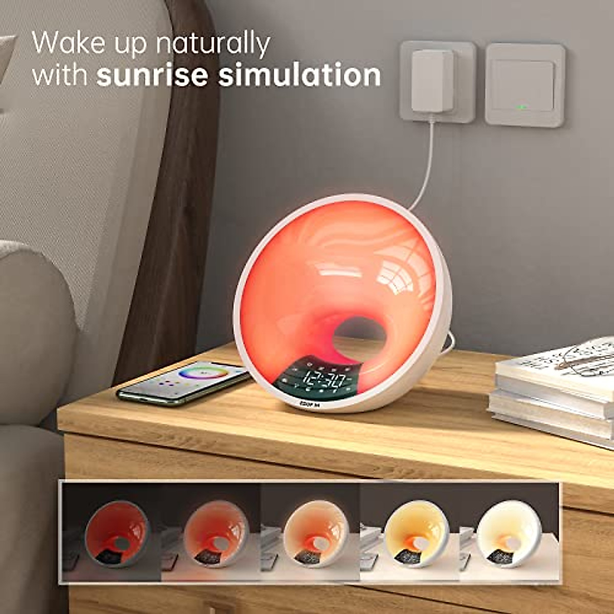 EDUP IN Sunrise Alarm Clock Wake Up Light APP/Voice Control Smart Sunlight Simulation Sleep Aid Bluetooth Speaker Snooze 4 Alarms FM Radio 7 Natural White Noise WiFi 12/24H USB Charging Port