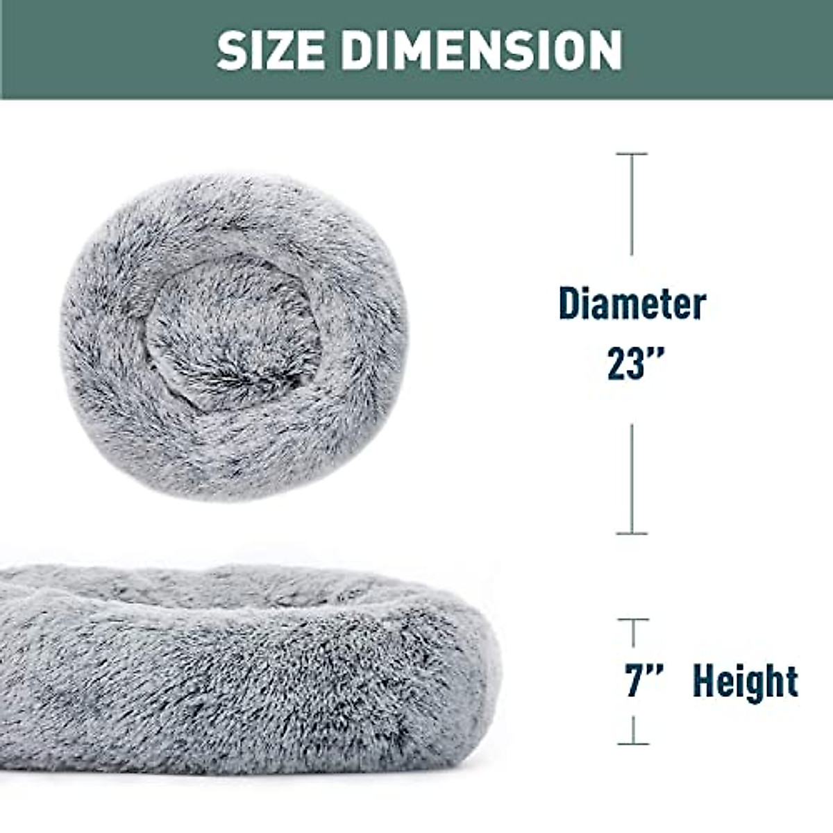 Eterish 23 inches Fluffy Round Calming Dog Bed Plush Faux Fur, Anxiety Donut Dog Bed for Small Dogs and Cats, Pet Cat Bed with Raised Rim, Machine Washable, Light Grey