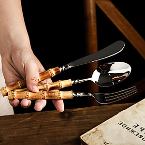 20 piece Bamboo Silverware Set 18/8 Stainless Steel Cutlery Set Flatware Set for 4 Natural Bamboo Utensil Spoon Fork Knives Tableware Utensil Sets Set for Kitchen Wedding Home Restaurant Party