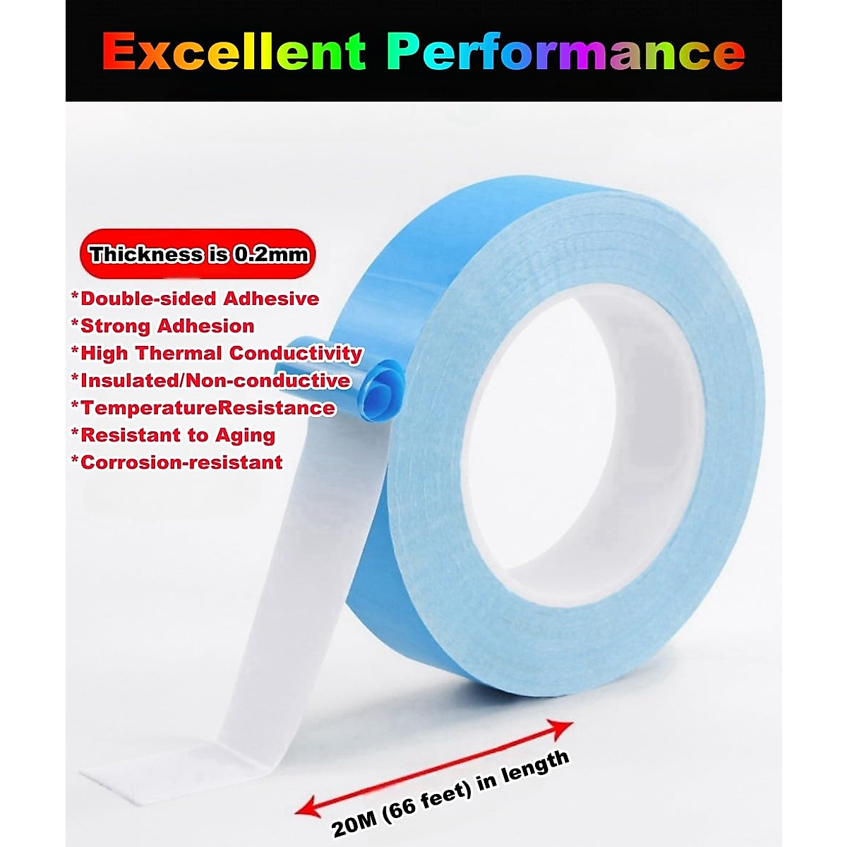 Double Sided Tape 1inch x 66Feet Thermal Tape Heavy Duty Super Strong Adhesive, Insulation Heat Transfer Tape for Paste CPU Heatsink, Mounting LED Strip, Carpet Fixing, Woodworking Project, DIY Crafts