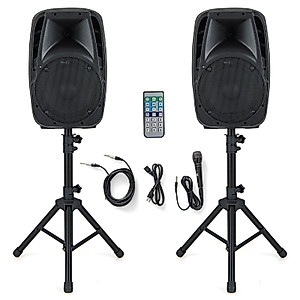 Costzon Portable 1600W 2-Way Powered PA Speaker System, Professional DJ Speakers with Active + Passive Loud Set, 2 Stands, Microphone, Bluetooth, USB/SD Card Input, FM Radio,Remote (2-Way)