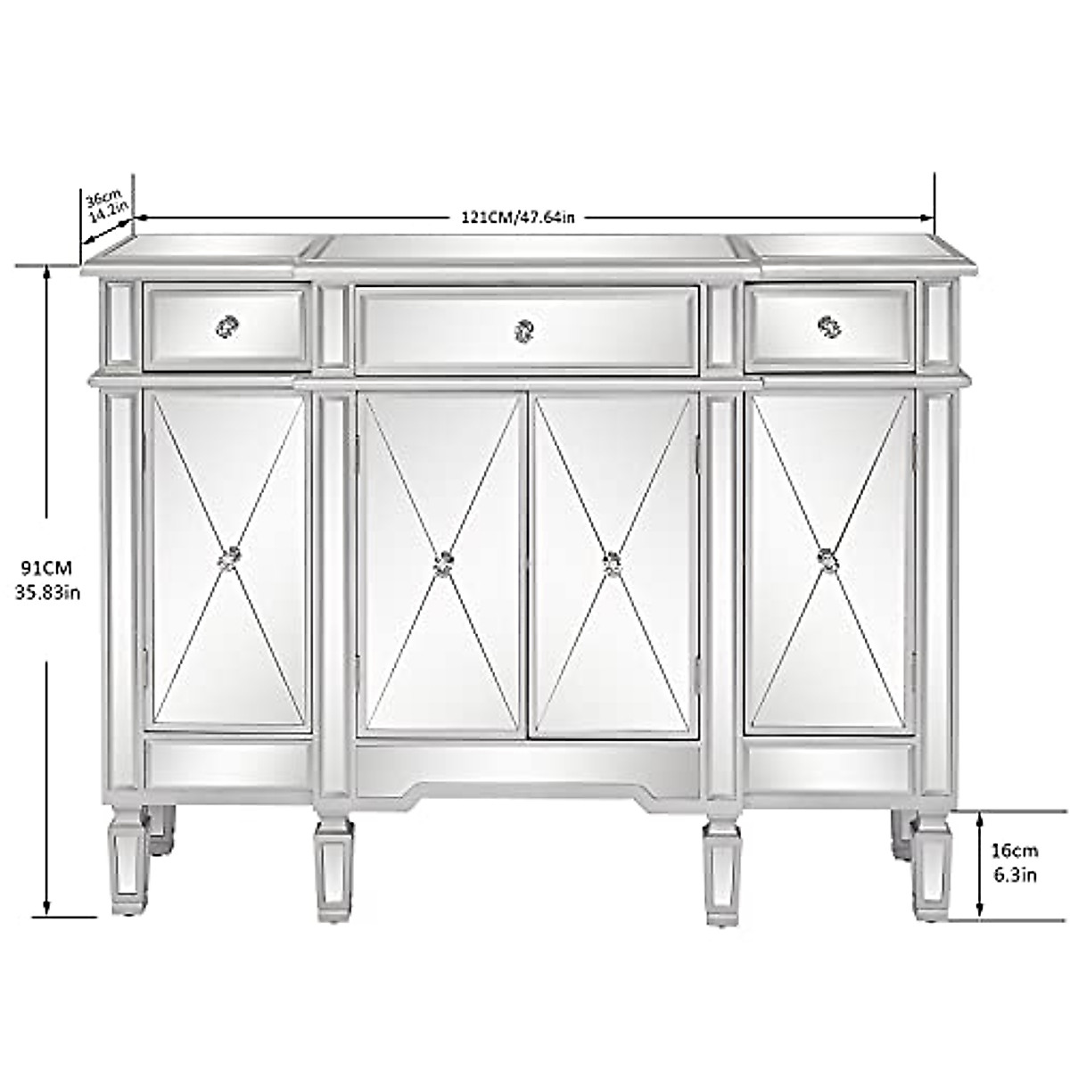 VINGLI Mirrored Credenza with Drawers and Doors Console Table Sideboards and Buffets Cabinet with Storage Media Table, 47.64" L x 14.2" W x 35.83" H