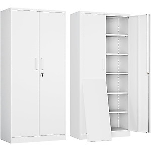 Yizosh Metal Garage Storage Cabinet with 2 Doors and 5 Adjustable Shelves - 71" Steel Lockable File Cabinet,Locking Tool Cabinets for Office,Home,Garage,Gym,School (White)