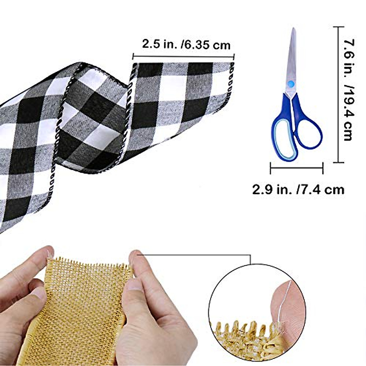 Winlyn 24 Yards 2 Rolls Wired Ribbons for Crafts Wreaths Black and White Buffalo Plaid Ribbon Wired Buffalo Check Ribbon Wired Burlap Ribbons 2.5" W