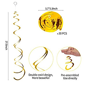 30 Pieces Gold Hanging Swirl Decorations Plastic Streamer Party Swirl Spiral Decorations for Ceiling, Wedding Baby Shower Birthday Party Supply