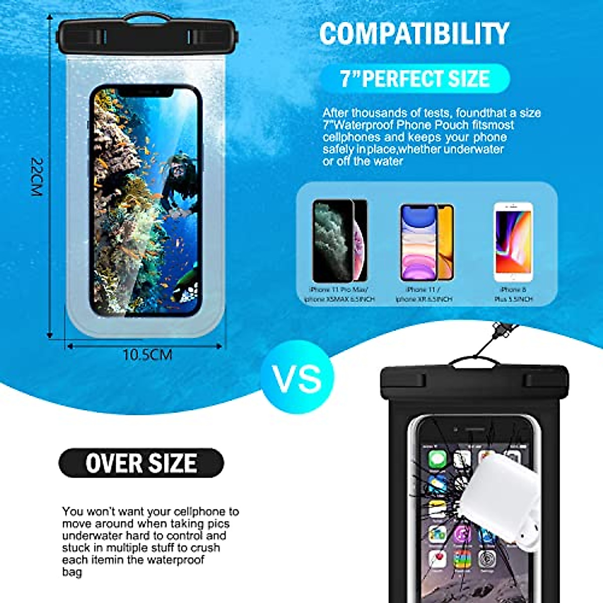 v-Golvin Universal Waterproof Phone Pouch IPX8 Underwater Case Cell Phone Dry Bag for iPhone 13 12 11 Pro Max SE 2020 XS Max XR 8 7 6s Plus S22 S21 Note 20 Ultra & Smart Phones Up to 7"-Black+Teal