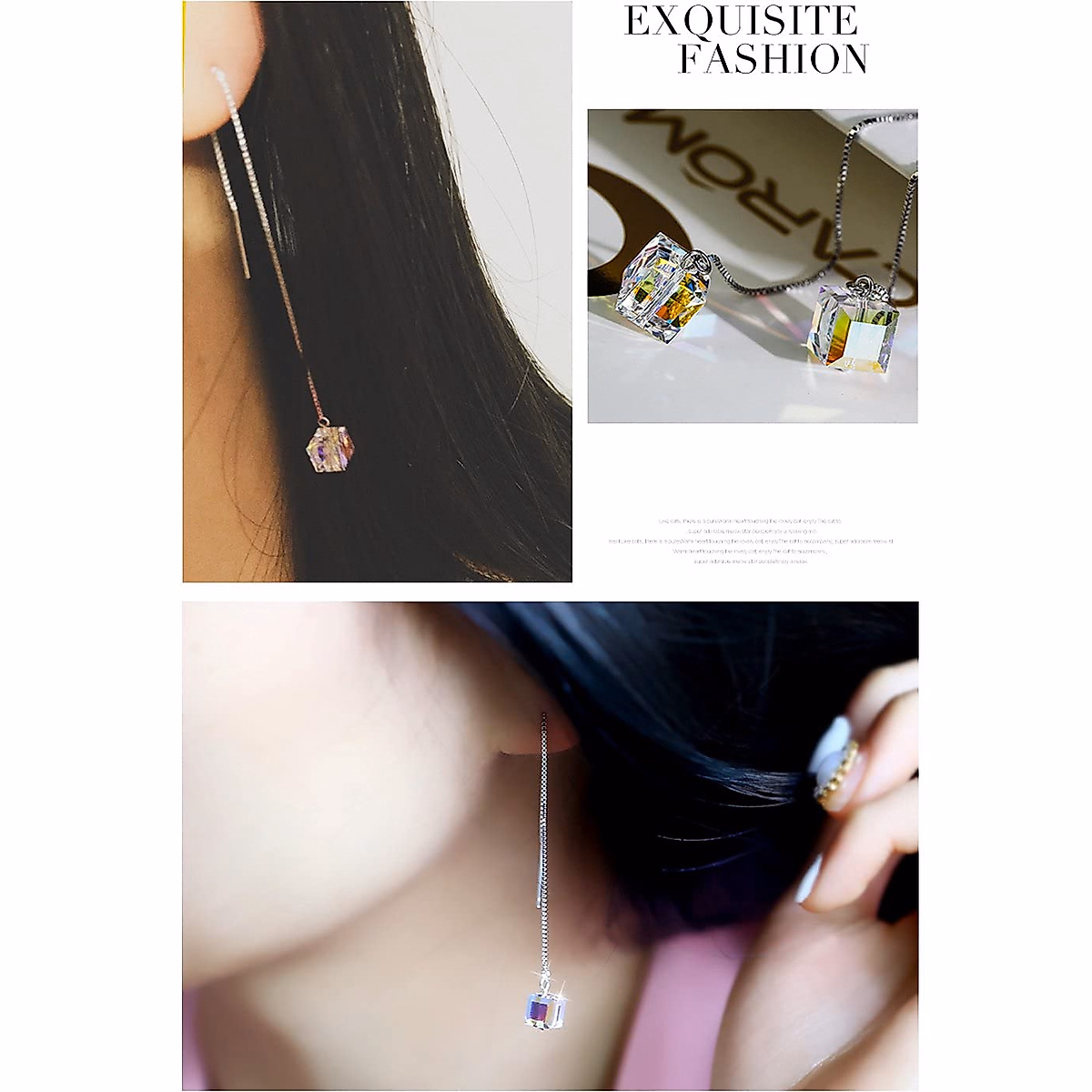 AllenCOCO 925 Sterling Silver SWAROVSKI Crystals Long Tassel Threader Dangle Drop Earrings Women Wife Cube Hypoallergenic Dangle Earrings