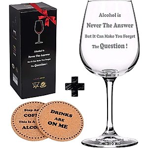 Vaci Funny Wine Glass with 2 Drink Coasters | Dishwasher Safe 15 Oz. Crystal Glass | Alcohol is Never The Answer | Fun Novelty Gift | Great for Bachelor's Parties, Birthdays, Restaurants, Bars & More