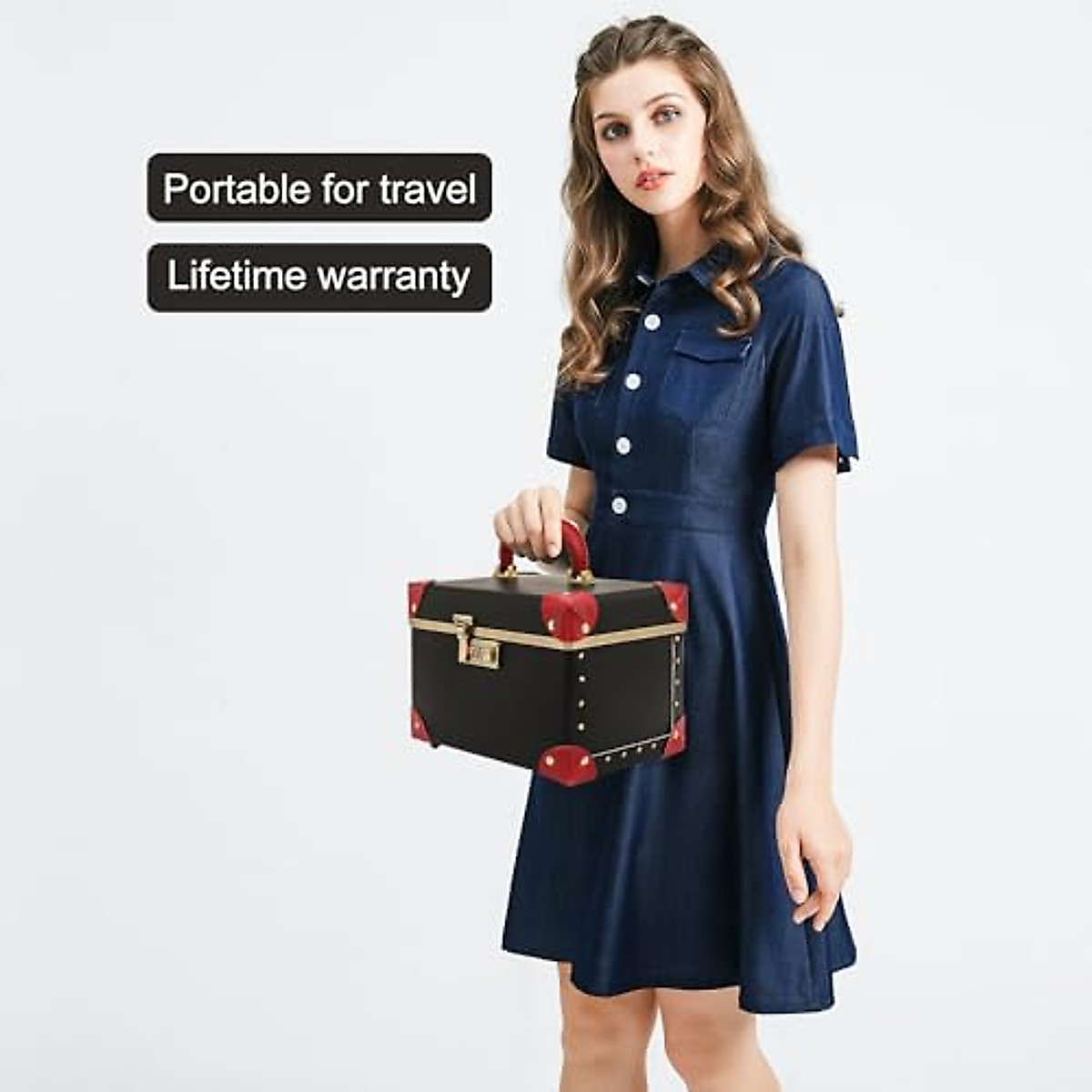 urecity Portable Retro Leather Makeup Train Case Cosmetic Organizer Case Leather Storage Box with Combination Lock (12.5", Black)