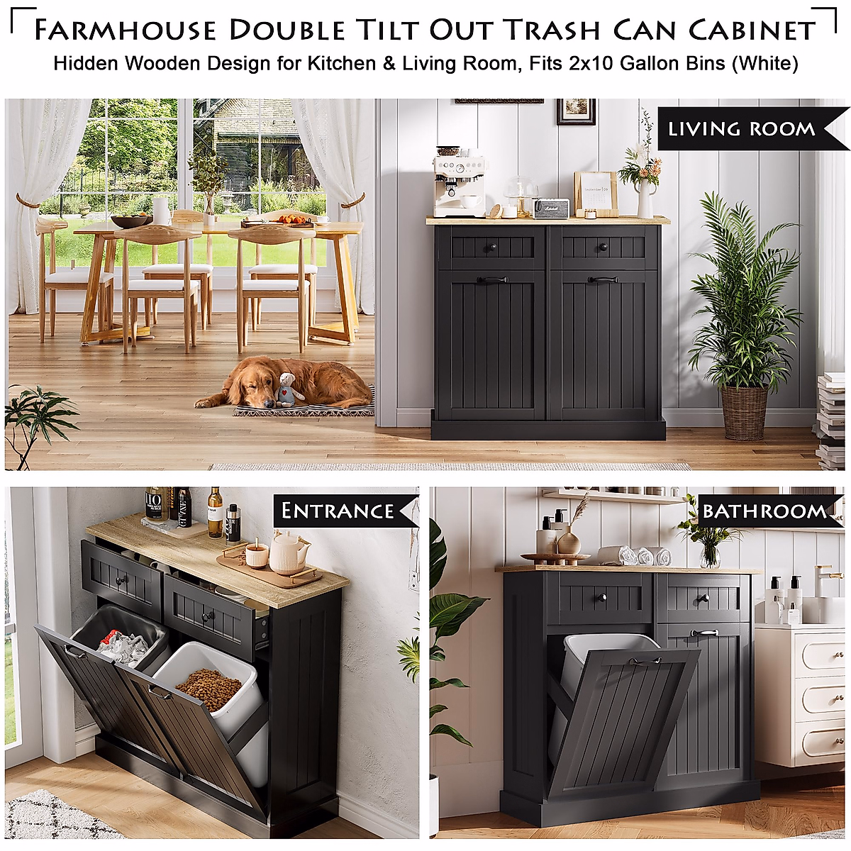HTK Double Tilt Out Trash Cabinet – Farmhouse Style Hidden Trash Bin with 2 Drawers, Tilt Out Kitchen Trash Can Cabinet for Pantry and Laundry Room, Fits Two 10-Gallon Bins (Black)