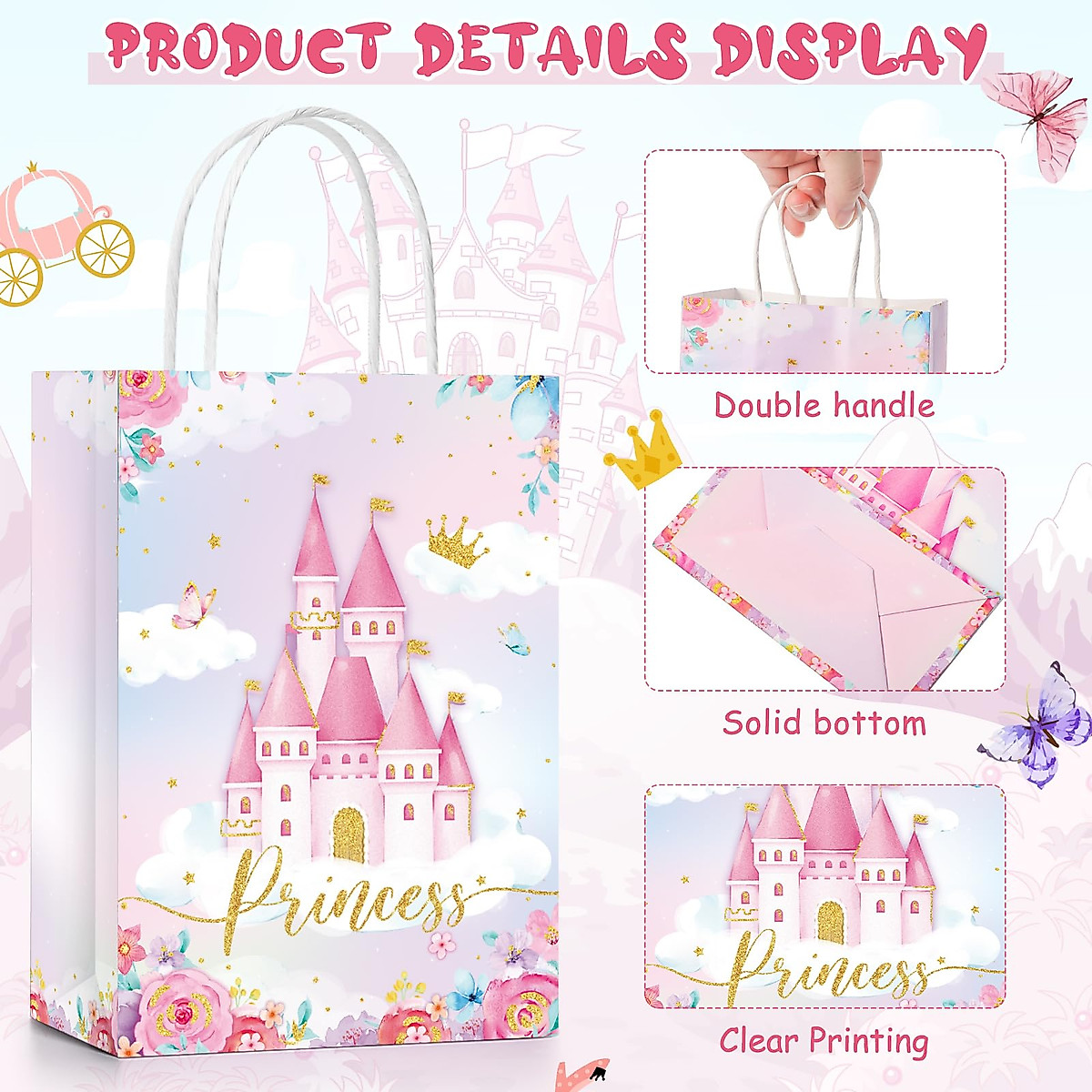 24 Pcs Princess Prince Party Favor Bags Prince Princess Castle Party Bags Princess Treat Bags with Handles Candy Goodie Bags for Gender Reveal Party Baby Shower Wedding Supplies (Princess and Prince)