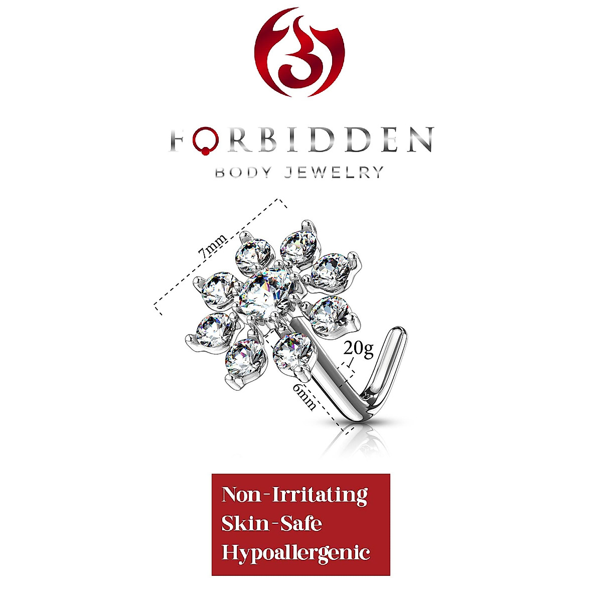Forbidden Body Jewelry Nose Rings Big Bling CZ Snowflake L-Shaped Nose Stud Surgical Steel (20g,6mm) Silver Tone