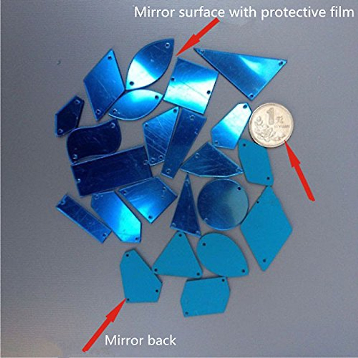 Sew On Acrylic Blue Mirror Diamante Rhinestone Crystal Flat Back Mirror Beads with Hole for DIY Wedding Dress Clothing Bags Shoes Decoration Accessory