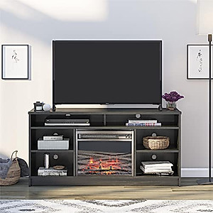 Ameriwood Home Hendrix 55" TV Stand with Electric Fireplace Insert and 6 Shelves, Black Oak, 5.87"D x 47.6"W x 23.27"H