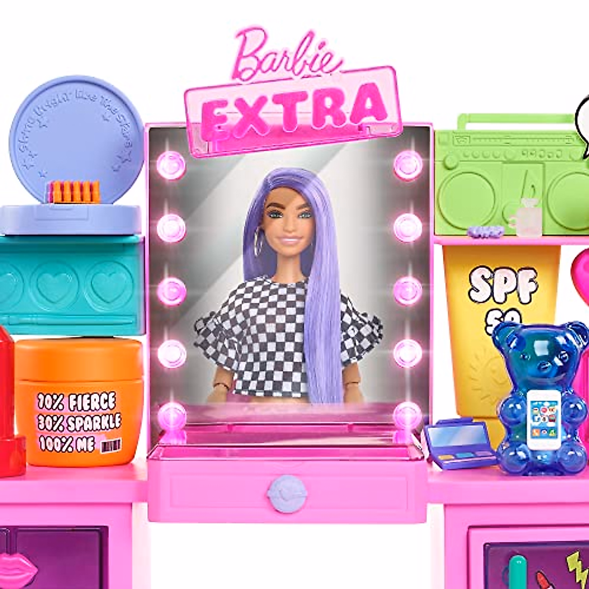 Barbie Extra Doll & Vanity Playset with Exclusive Doll, Pet Puppy, 45+ Pieces Including Clothes & Accessories, Toy Gift for Kids 3Y+, GYJ70