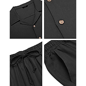 COOFANDY Mens Coordinated Outfit  Linen Beach  Casual Cuban Button Up Shirts Drawstring Pants, Black, X-Large