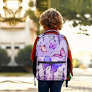 Lamtwbos Purple Butterfly Lavender Kids Backpacks for Girls Middle-School Elementary Bookbags 17 Inch Waterproof Lightweight Schoolbag for Kids