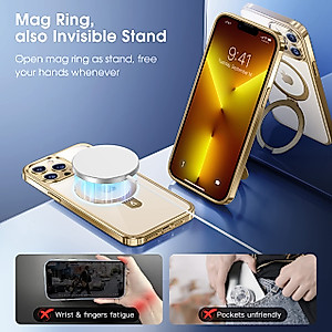 Alphex Invisible Stand Magnetic Case for iPhone 13 Pro, Official Color Match for iPhone, Compatible with MagSafe, Military Grade Shockproof Phone Cover Ring Holder Women 6.1 inch, Gold
