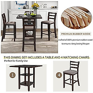 ERDAYE 5-Piece Wooden Counter Height Dining Table 4 Padded Chairs and Storage Shelving for Home Apartment Kitchen & Dining Room Breakfast Lunch Dinner Furniture Set, Espresso