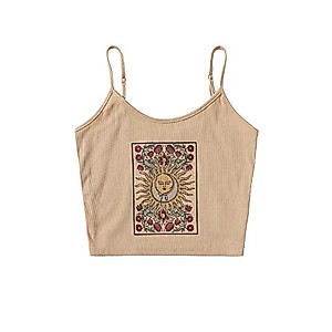 SOLY HUX Women's Spaghetti Strap Floral Sun Graphic Print Ribbed Knit Crop Cami Top Khaki M
