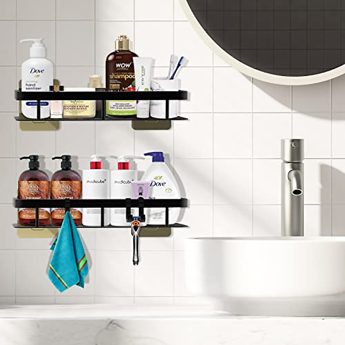 Shower Caddy, Rustproof Black Bathroom shower organizer,Stainless Steel Shower Shelves with 3 Hooks,No Drilling Traceless Adhesive Shower caddy basket,Bathroom Shower Storage Organizer