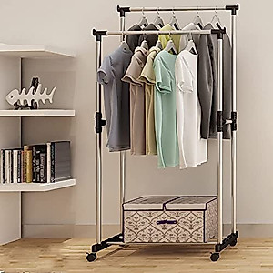 Double Pole Portable Clothing Hanging Garment Rack Laundry Drying Hanger with Wheels (Double Pole) Pole Telescopic Clothes | Fordable Single and Stand for Indoor Outdoor.