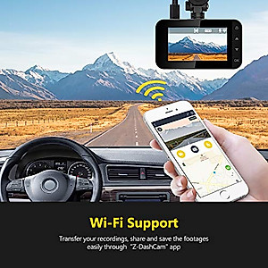 Z-Edge WiFi Dash Cam, 1920x1080P FHD, Front and Rear Dash Cam, Dual Cam, Car DVR, Night Vision, Parking Mode, G-Sensor, Loop Recording