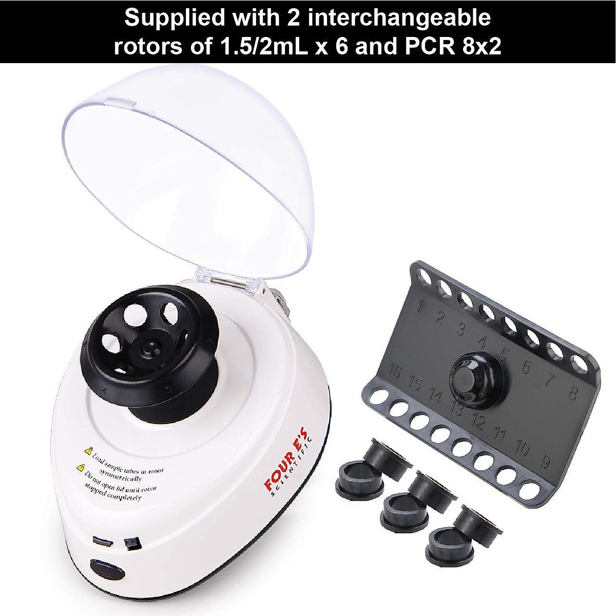 Mini Centrifuge Machine, Four E's Scientific Lab Benchtop Centrifuge 5400rpm, 2000 x g RCF with 2 Interchangeable Rotors for 0.2/0.5/1.5/2mL Tube Capacity