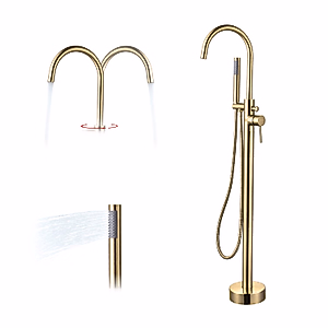 Freestanding Bathtub Faucet Brushed Gold Floor Mount Tub Filler with Single Handle, Free Standing Tub Faucet with Swivel Tub Spout, Modern Tub Shower Faucet with Hand Shower 59〞 Shower Hose JIAENLEMA