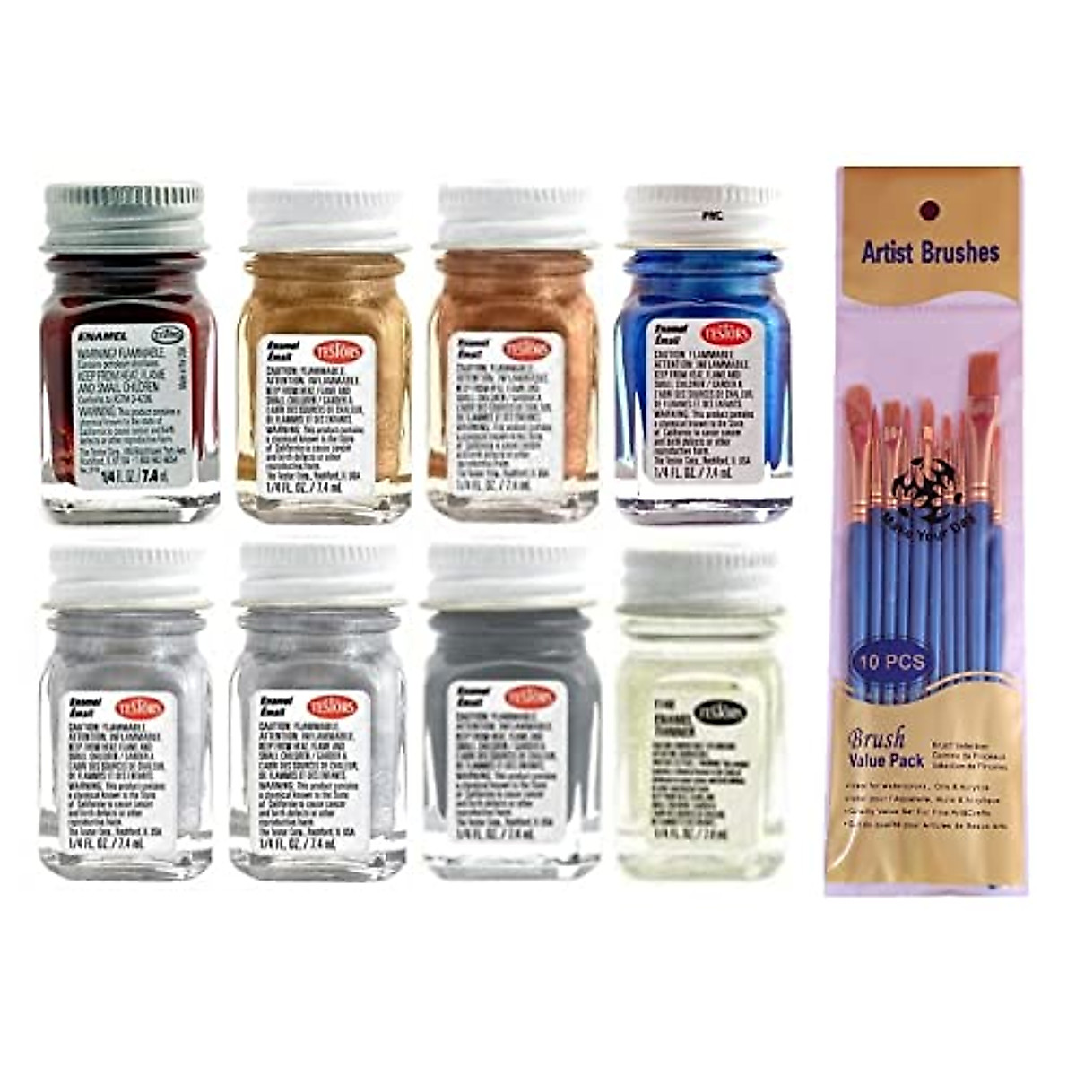 Make Your Day Testors Metallic Enamel Paint Variety with Thinner, 1/4 fl oz (Pack of 8) Paintbrushes