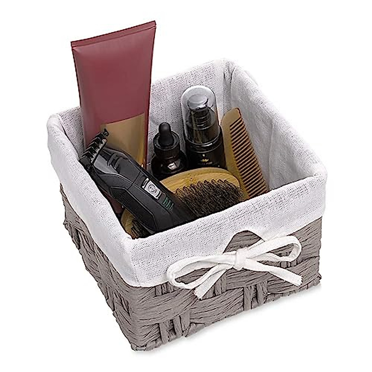 EZOWare Set of 2 Woven Paper Rope Wicker Storage Nest Basket Organizer Container Bins with Liner for Organizing Kids Baby Closets, Room Decor, Toys, Towels, Gift Baskets Empty - Gray (7 x 7 x 5.5")